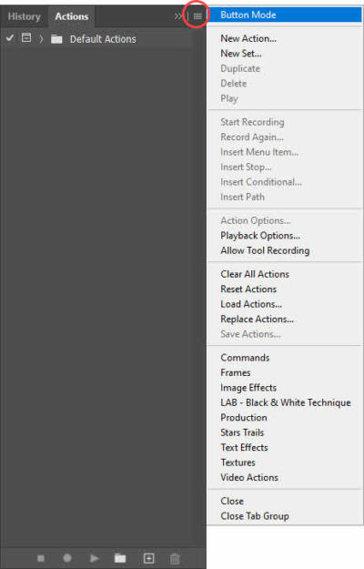 Actions Panel - Button Mode Menu - fstop Training